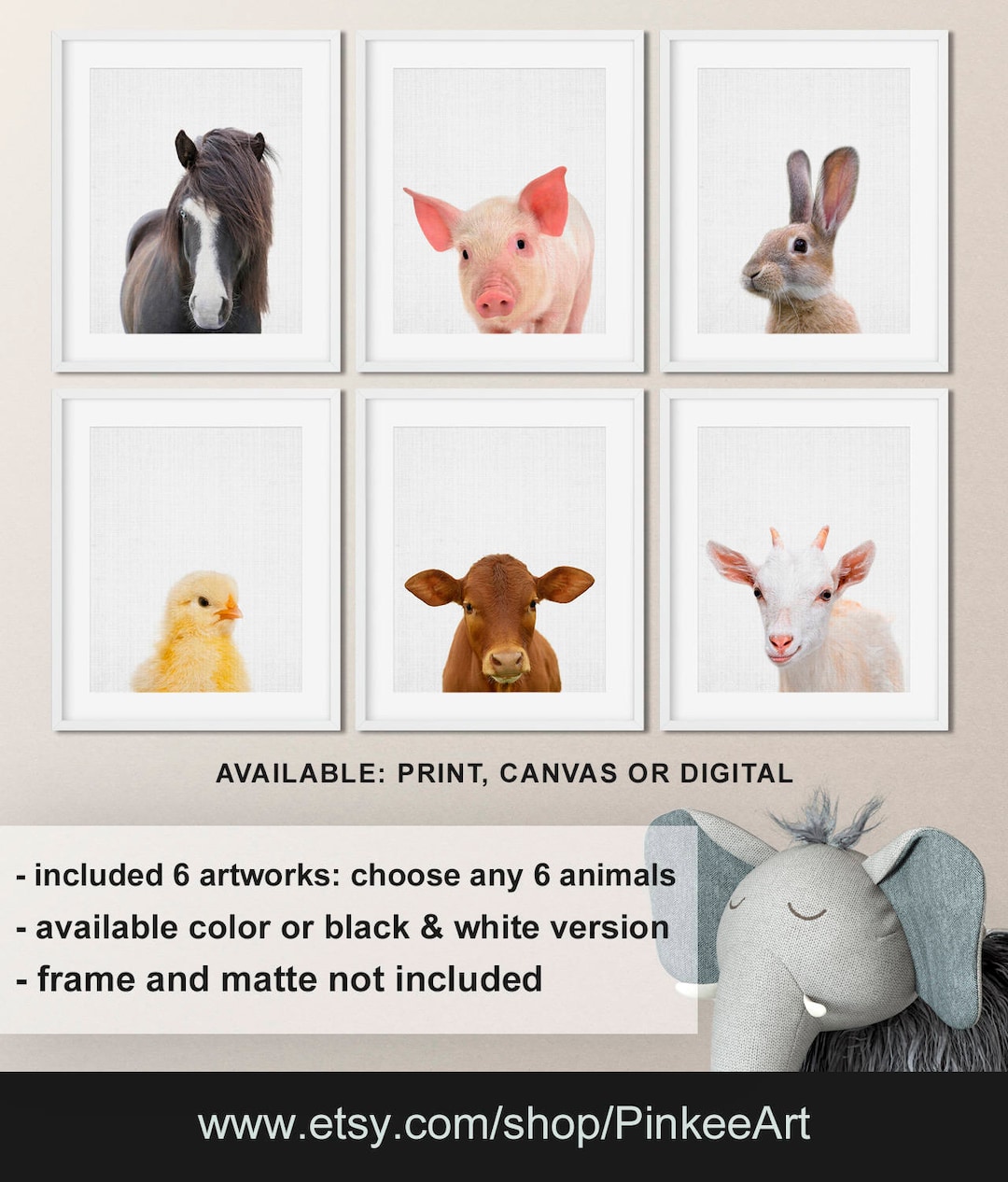 Farm Animal Prints, Farmhouse Nursery, Horse Pig Bunny Chick Calf Goat ...