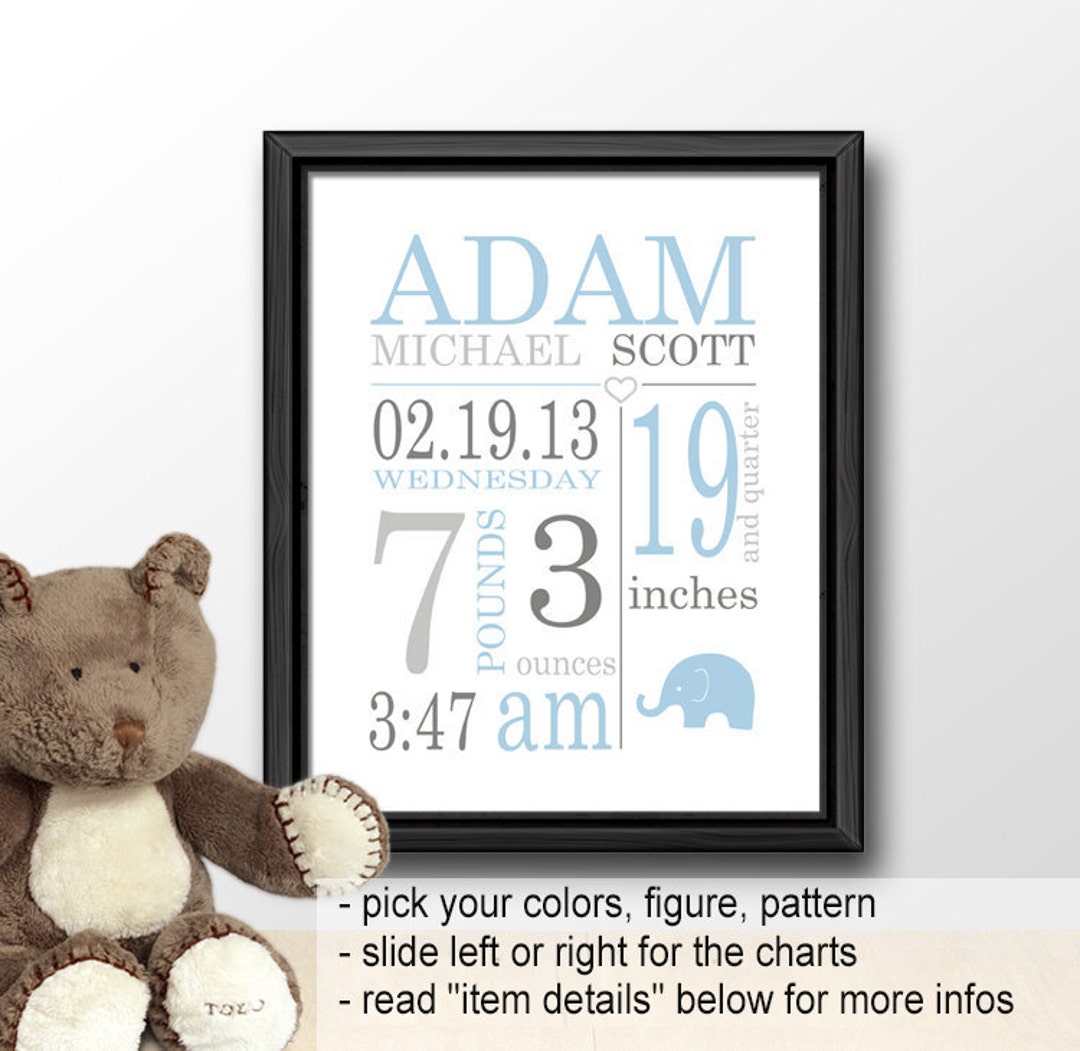 Baby Birth Announcement Elephant, Birth Stats Canvas With Elephants ...
