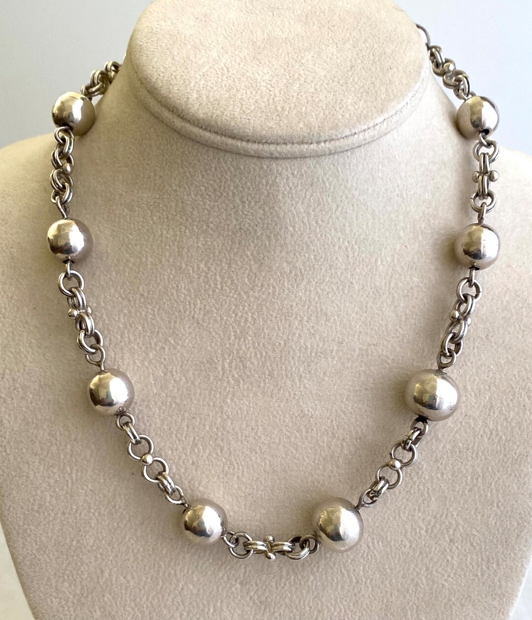Vintage Sterling Silver Large Ball Bead Necklace, Taxco Silver, 18 ...
