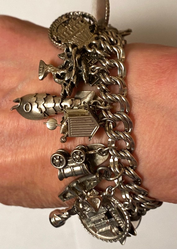 Mid Century Heavy Beau Sterling Silver Charm Bracelet… - Gem