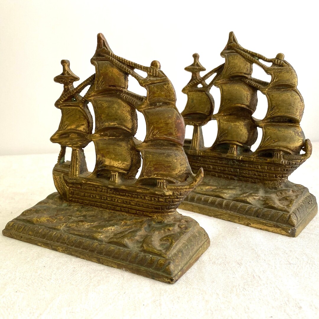 Antique Bronze Bookends, Galleon, 3 Masted Sailing Boat, Frigate, Ship ...