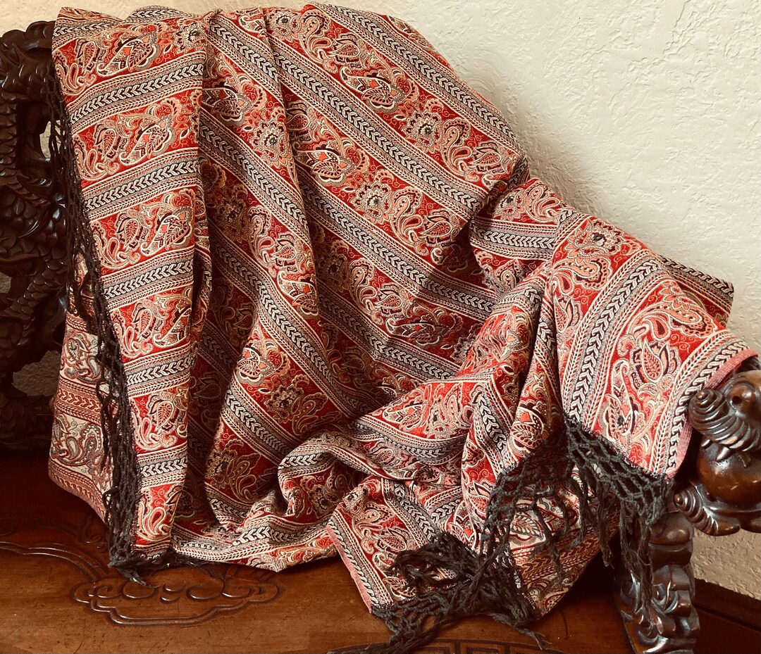 Large Wool Paisley Shawl, Throw, Tablecloth, Piano Blanket, Red Black ...