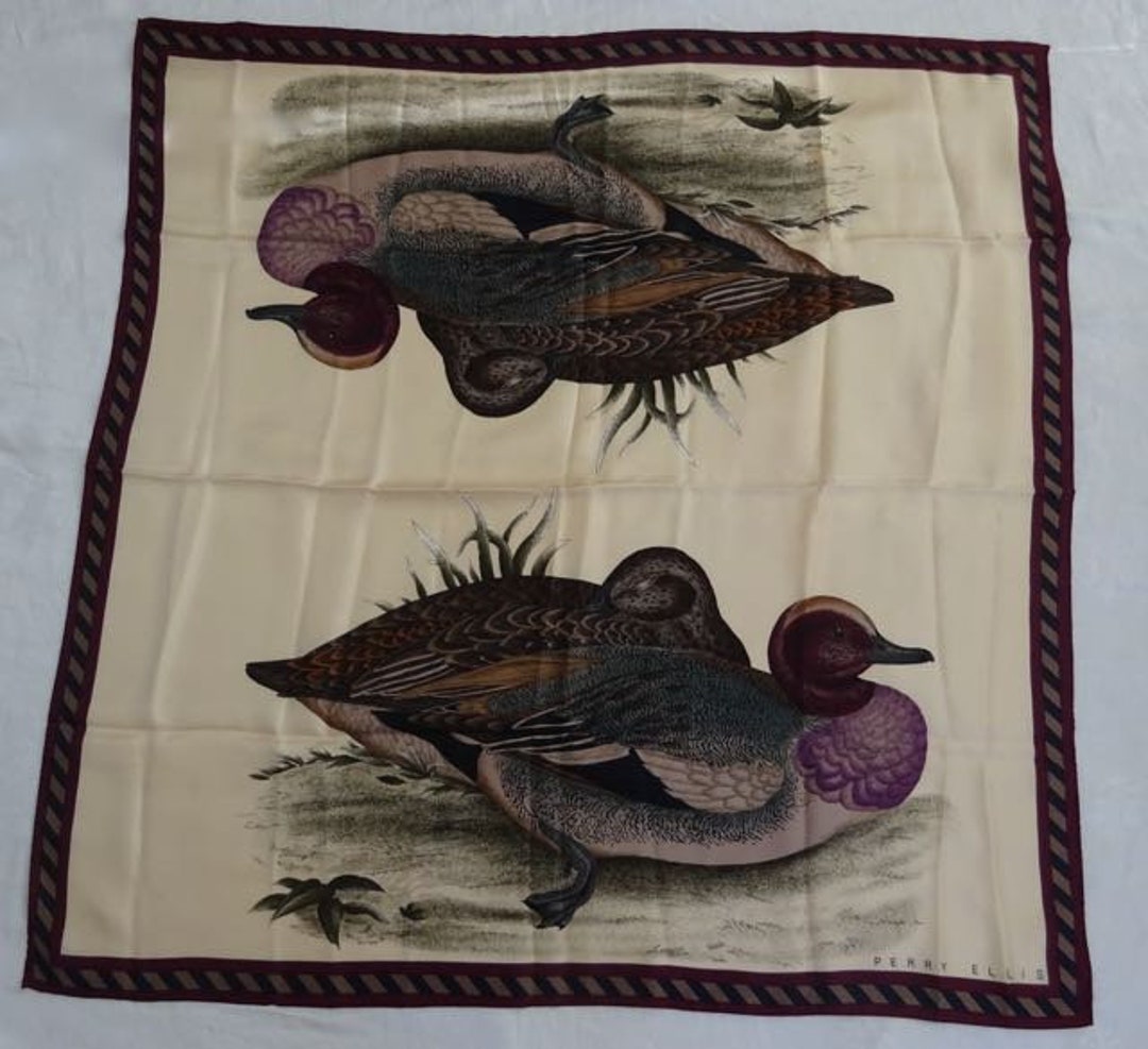 Vintage Large Silk Scarf, Ducks, Designer Perry Ellis, Burgundy, Cream ...
