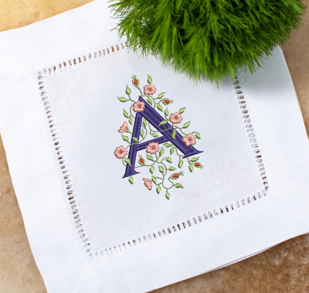 Monogrammed Linen Napkins Floral Vine Embroidery, Wedding Gift ...