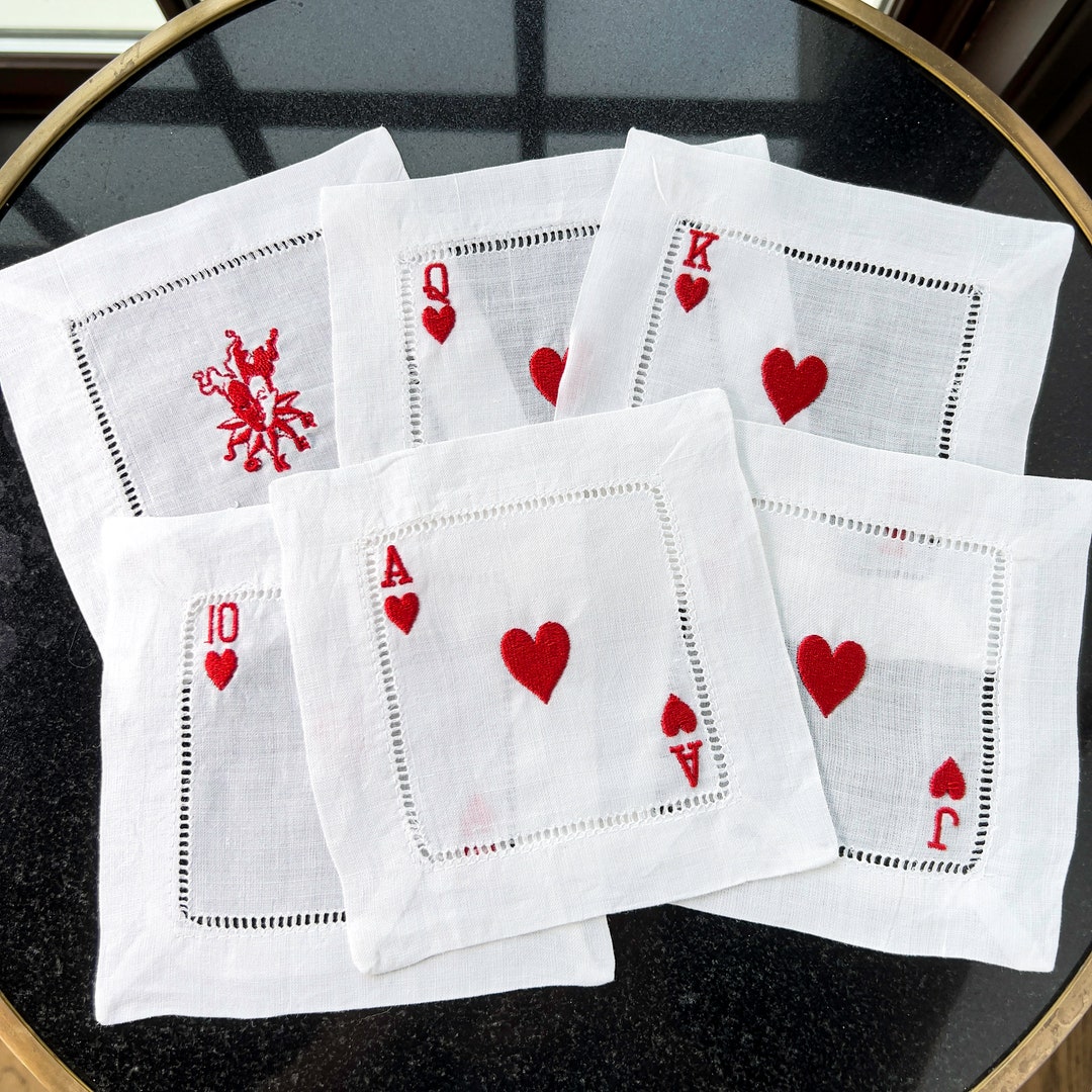 Playing Card Embroidered Cocktail Napkin Set | Spades, Hearts, Clubs ...