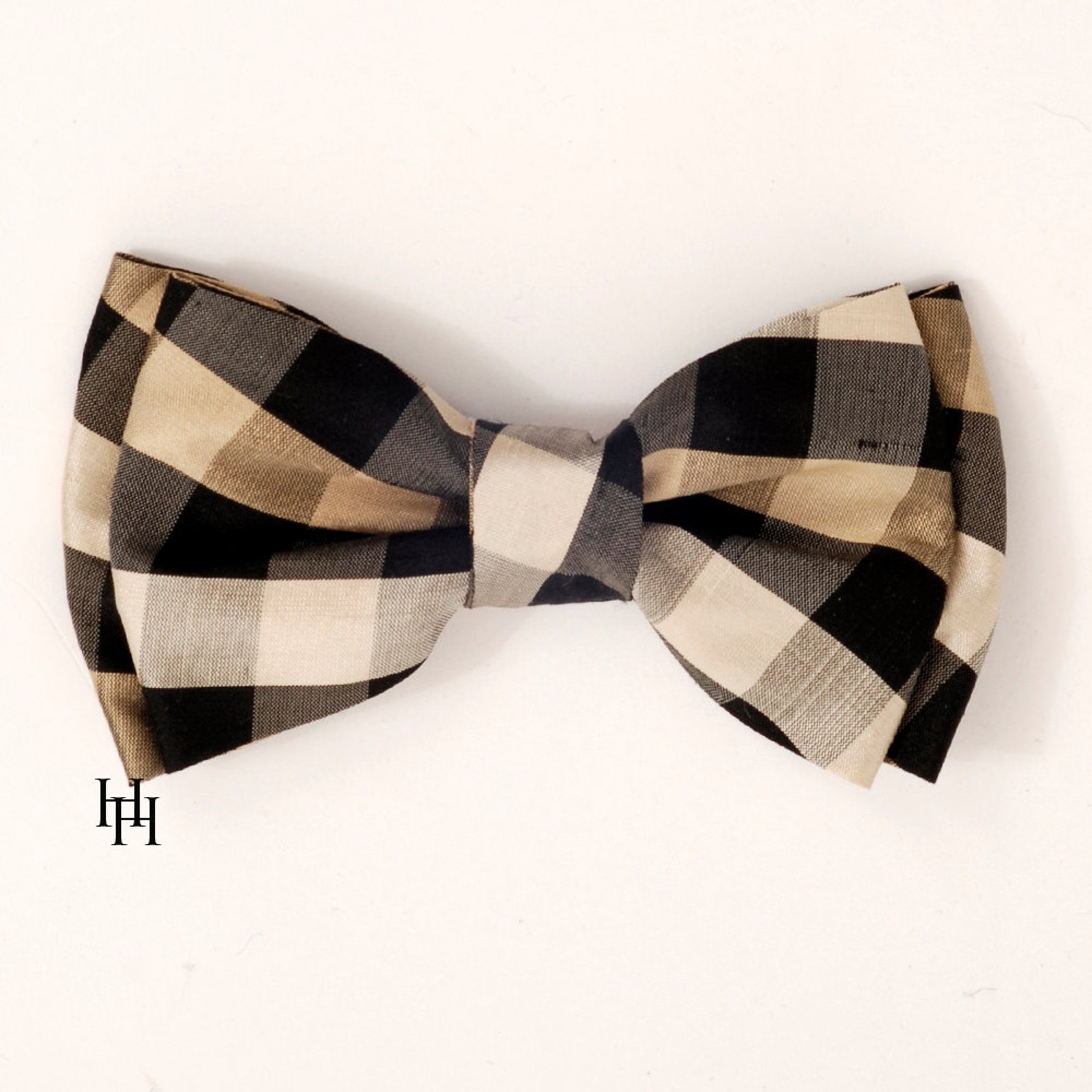 Silk Mens Double Bow Tie Black And Gold Plaid Checks Etsy