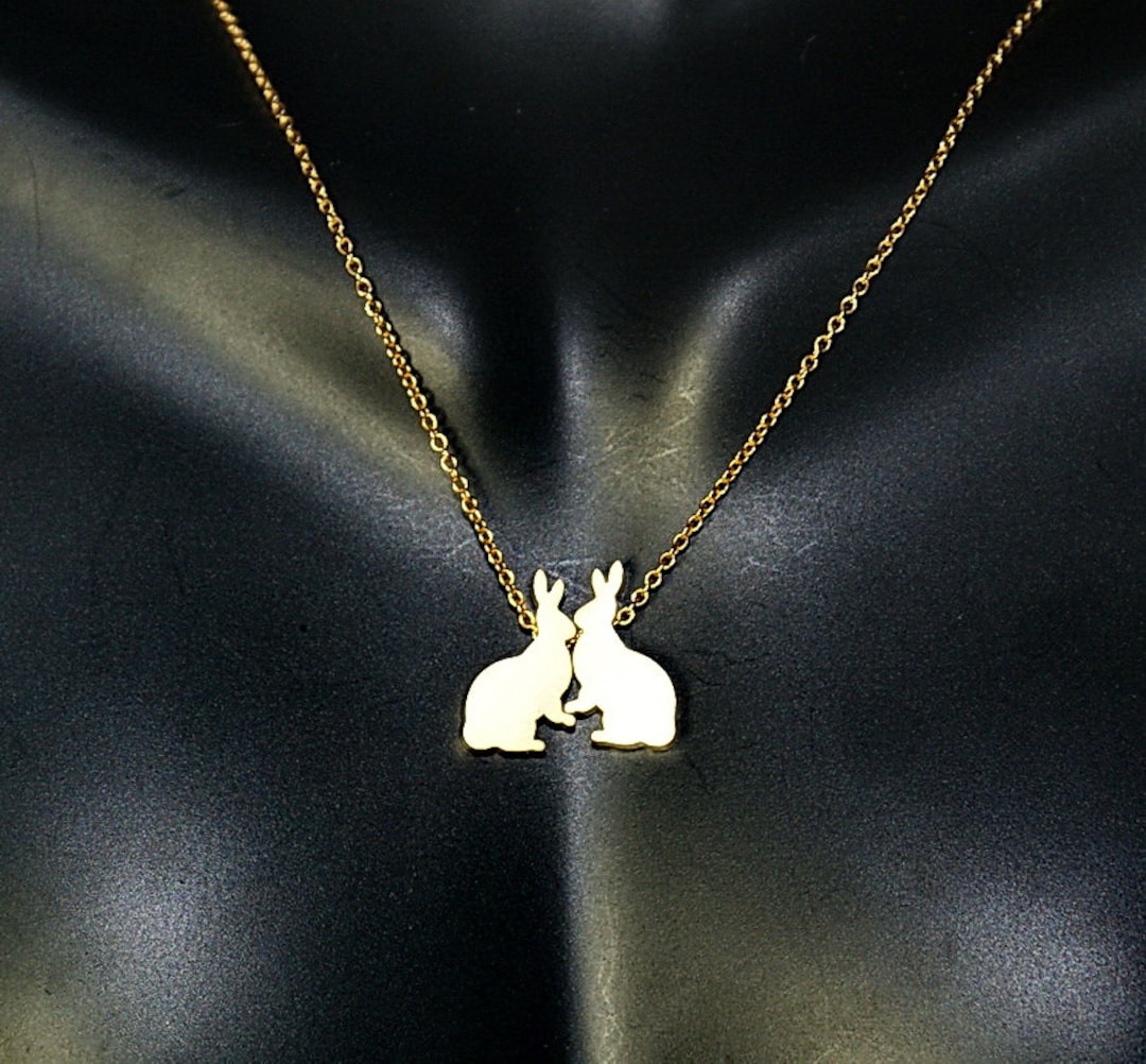 Gold Rabbits Bunnies Necklace - Kissing Rabbits Jewelry, Two Bunnies ...