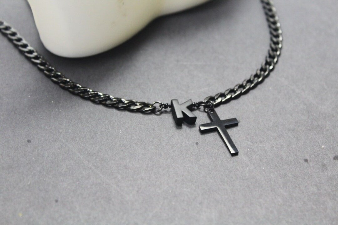Personalized Black Cross Necklace. Custom Letter Black Jewelry. Initial ...