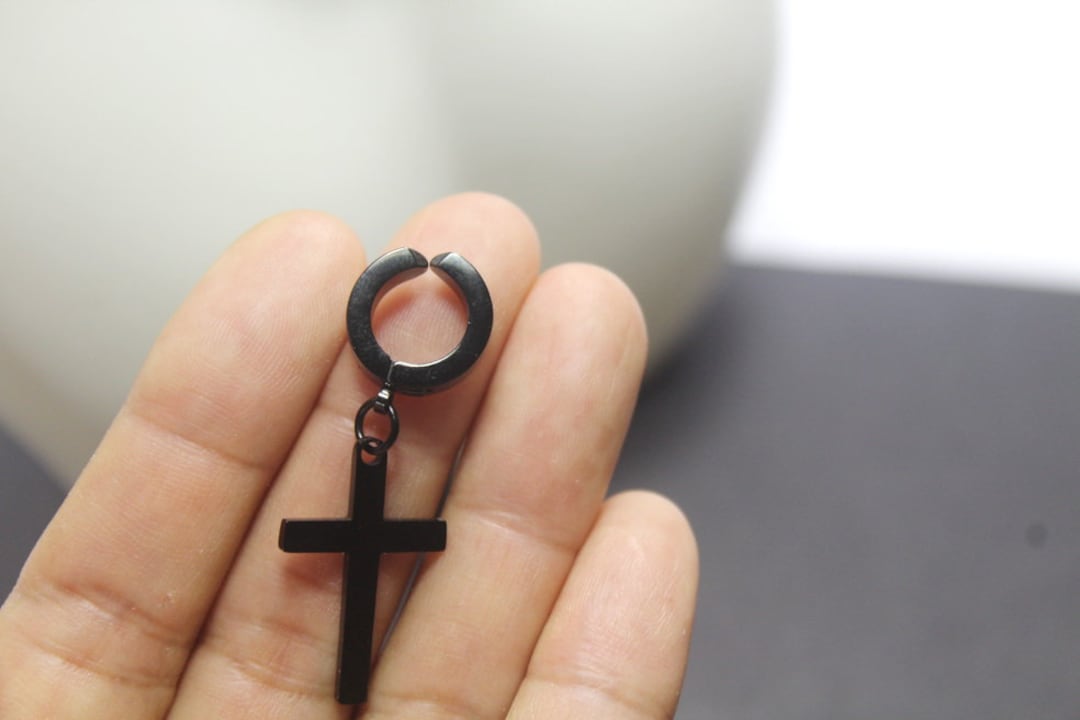 Non Piercing Cross Dangle Hoop Earrings, Black Cross Earrings.brother ...