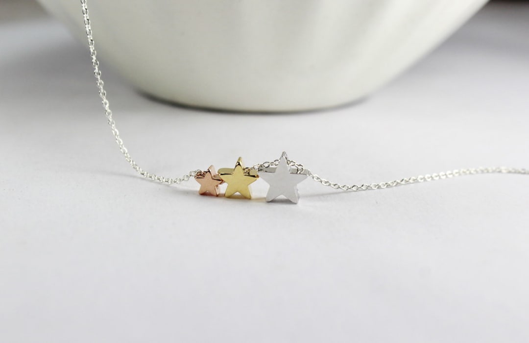 Three Tone Star Necklace. Three Color Stars Jewelry. Silver Star, Gold ...