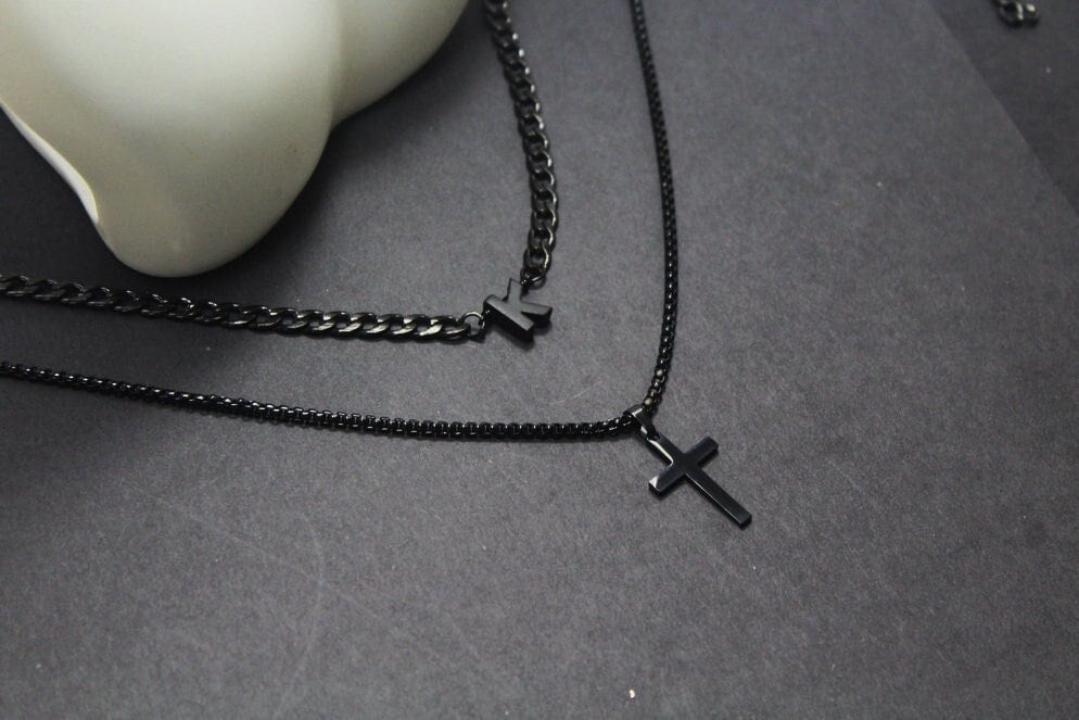 Personalized Black Cross Necklace .set of 2. Custom Letter Black ...