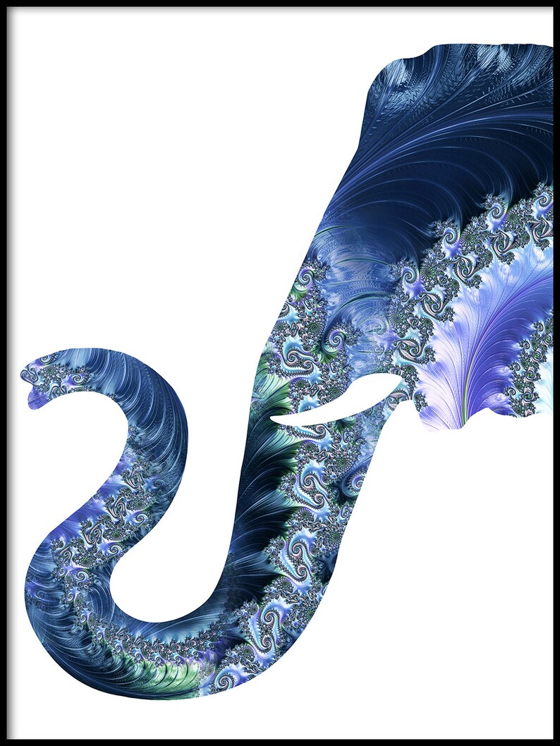 Blue Elephant Print, Blue Elephant Wall Art, Blue Purple Fractal Art ...