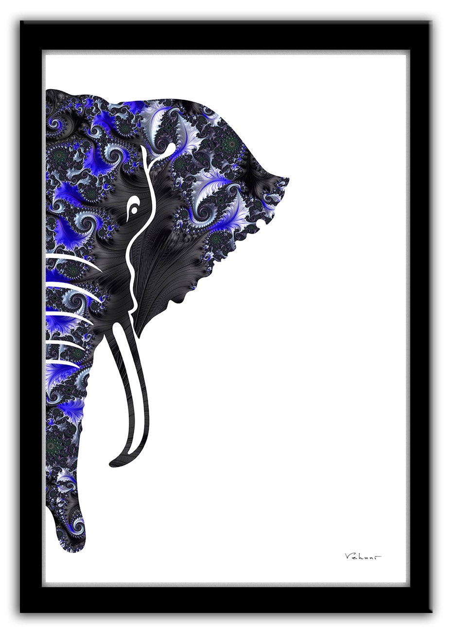 Blue Black Elephant Print, Blue Elephant Wall Art, Blue Black Fractal ...