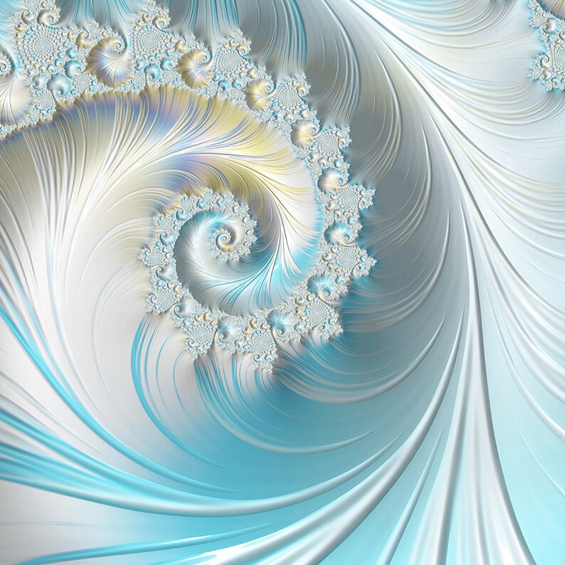 Aqua Blue Fractal Print Set, Light Blue Decor, Sea Shell Decor, 4 Part ...