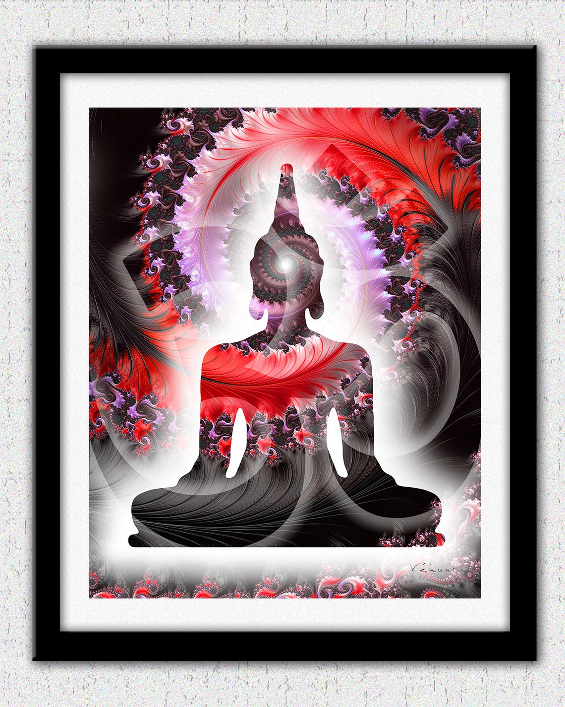 Buddha Print, Red Buddha Wall Art, Red Black Fractal Art, Red Black ...