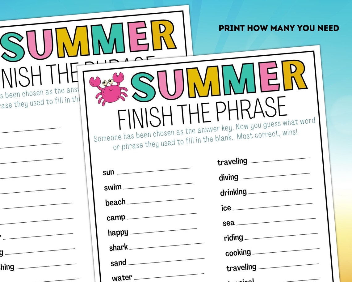 Summer Finish the Phrase / Summer Party Game / Printable Summertime ...