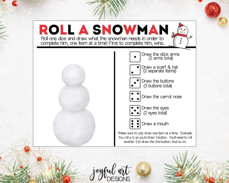 Christmas Games for Kids Roll A Snowman Dice Game Christmas - Etsy