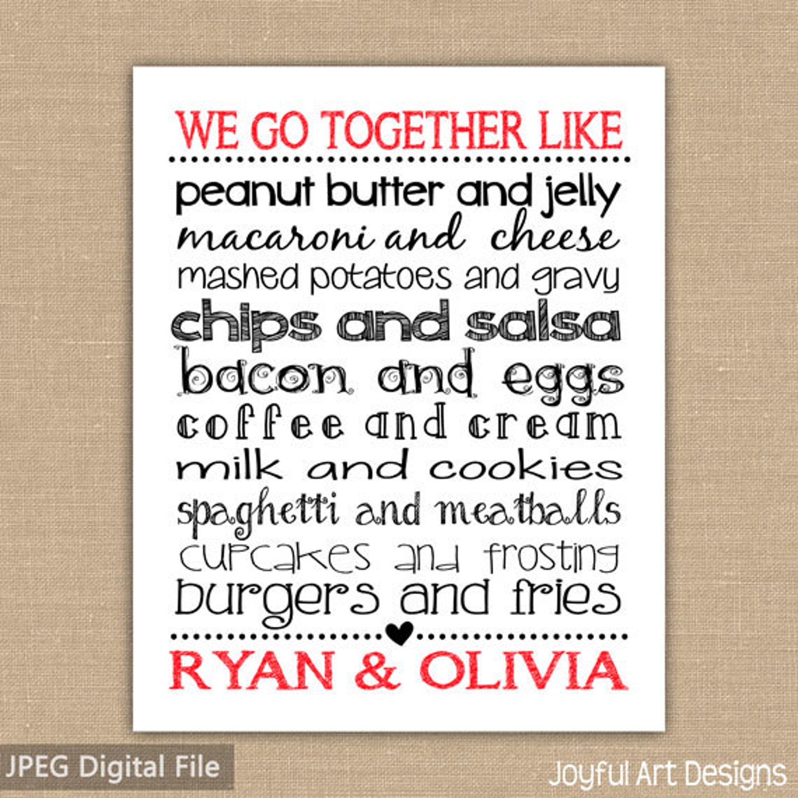 We Go Together Like Custom PRINTABLE. Wedding Gift. Kitchen - Etsy