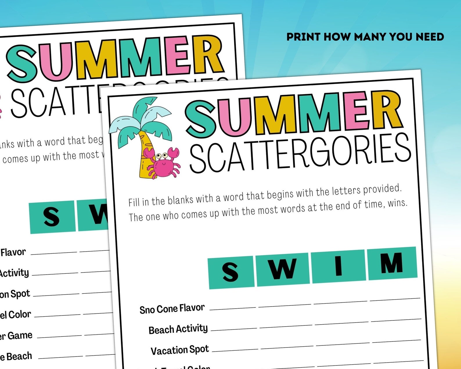 Summer Scattergories / Summer Party Game / Printable Summertime Game ...