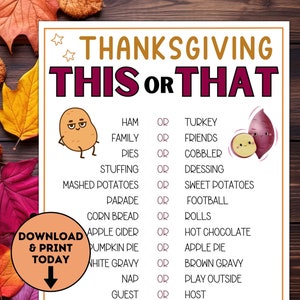 Thanksgiving This or That Game / Fun Thanksgiving Game / Would You ...