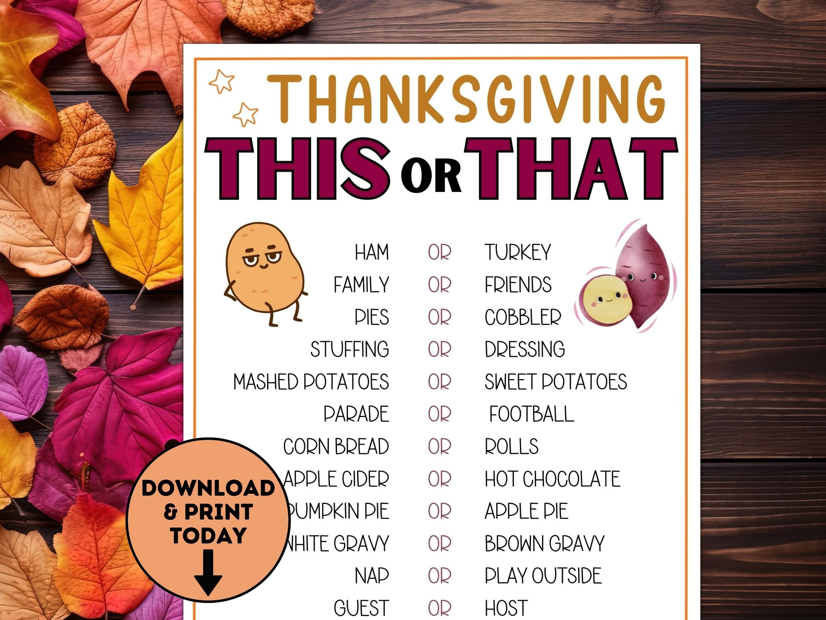 Thanksgiving This or That Game / Fun Thanksgiving Game / Would You ...