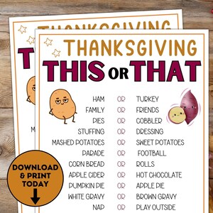 Thanksgiving This or That Game / Fun Thanksgiving Game / Would You ...