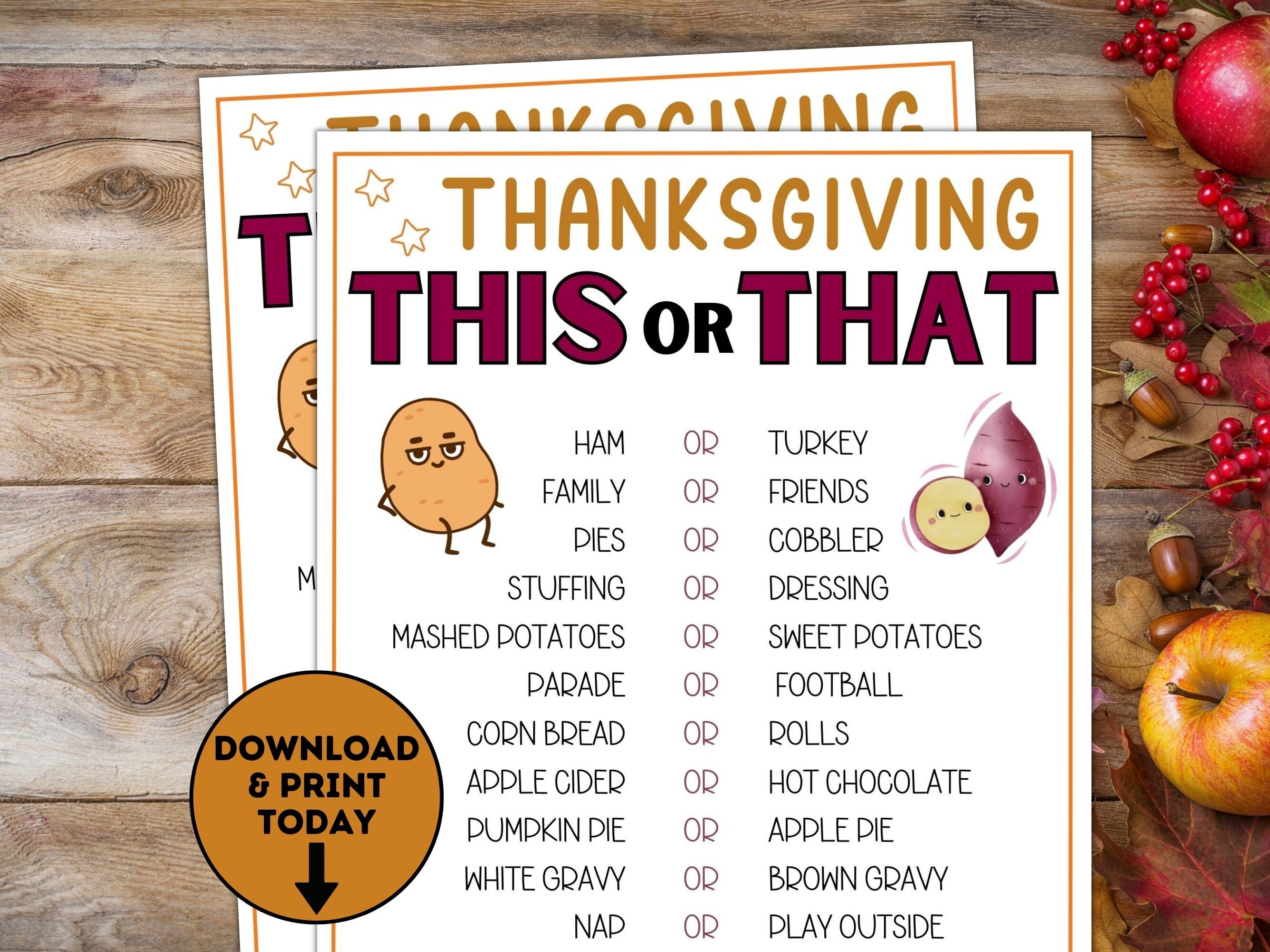 Thanksgiving This or That Game / Fun Thanksgiving Game / Would You ...