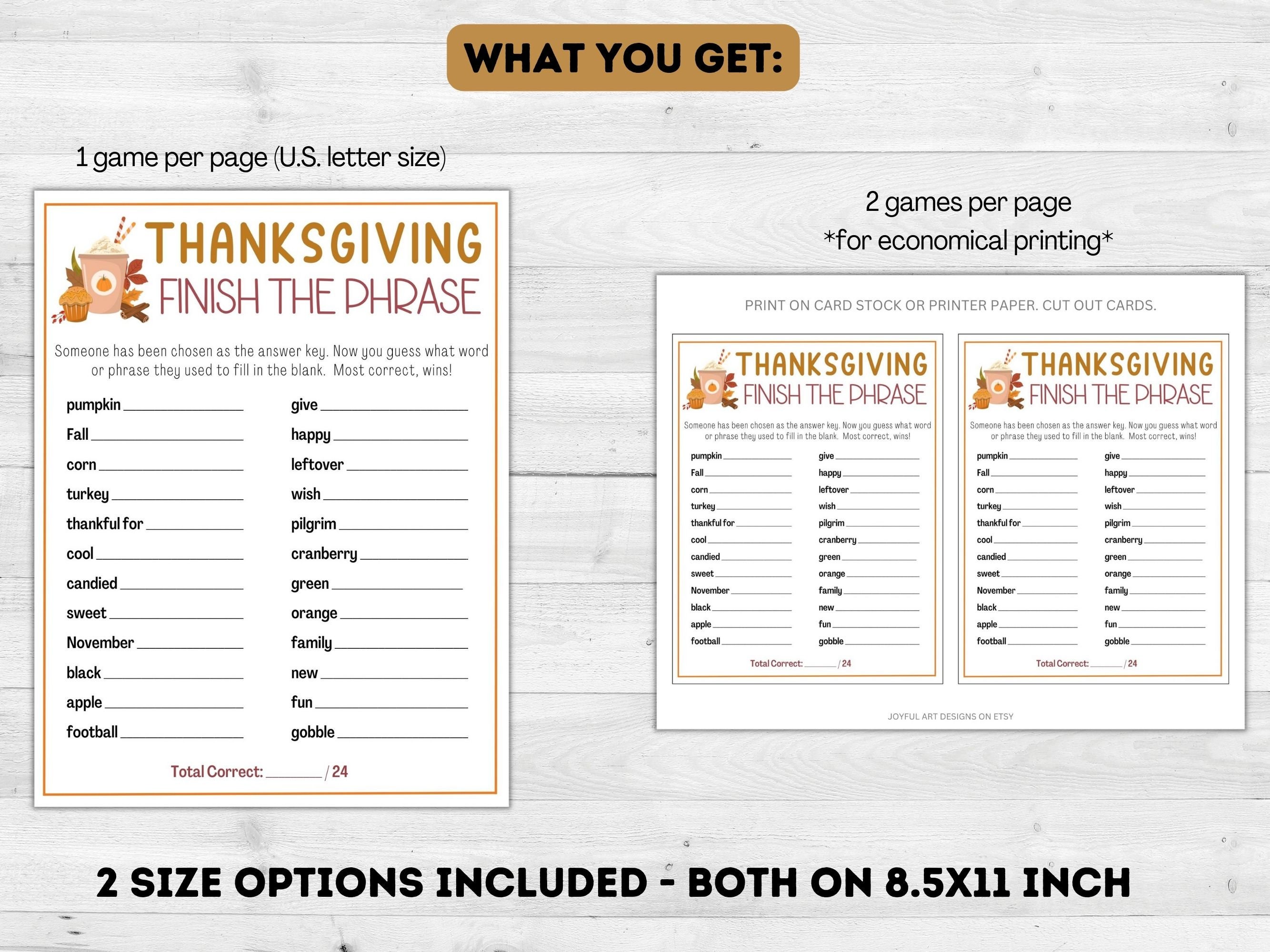 Thanksgiving Finish the Phrase / Finish the Phrase Game / Fall Holiday ...