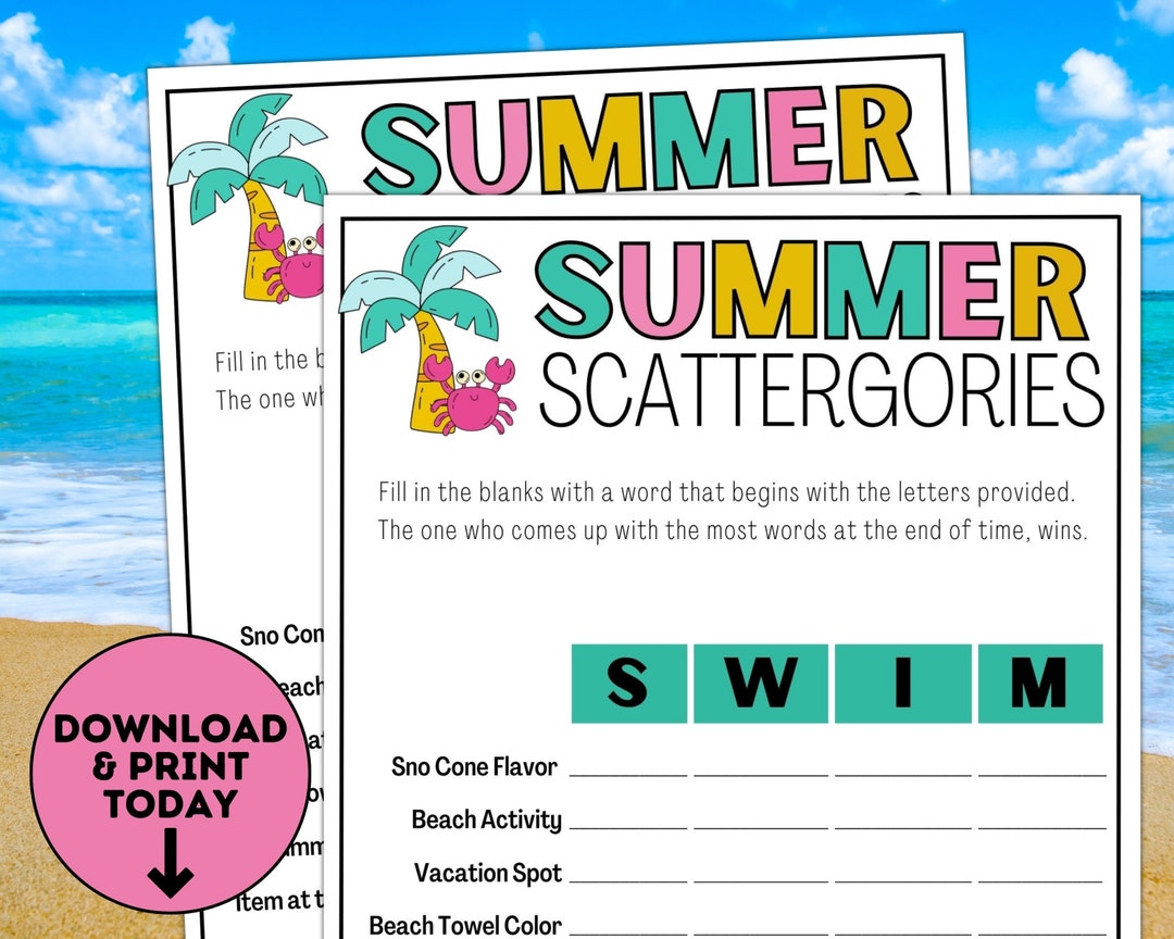 Summer Scattergories / Summer Party Game / Printable Summertime Game ...