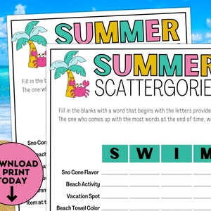 Summer Scattergories / Summer Party Game / Printable Summertime Game ...