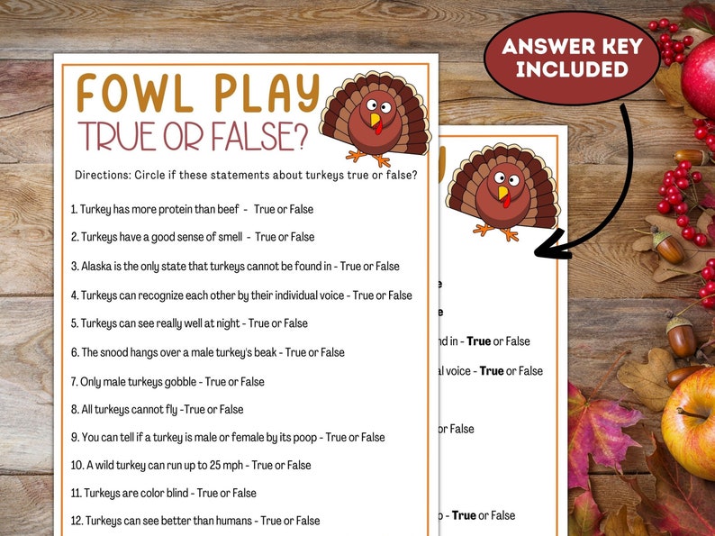 Thanksgiving Trivia Game / Thanksgiving Fowl Play Turkey Game / True or ...