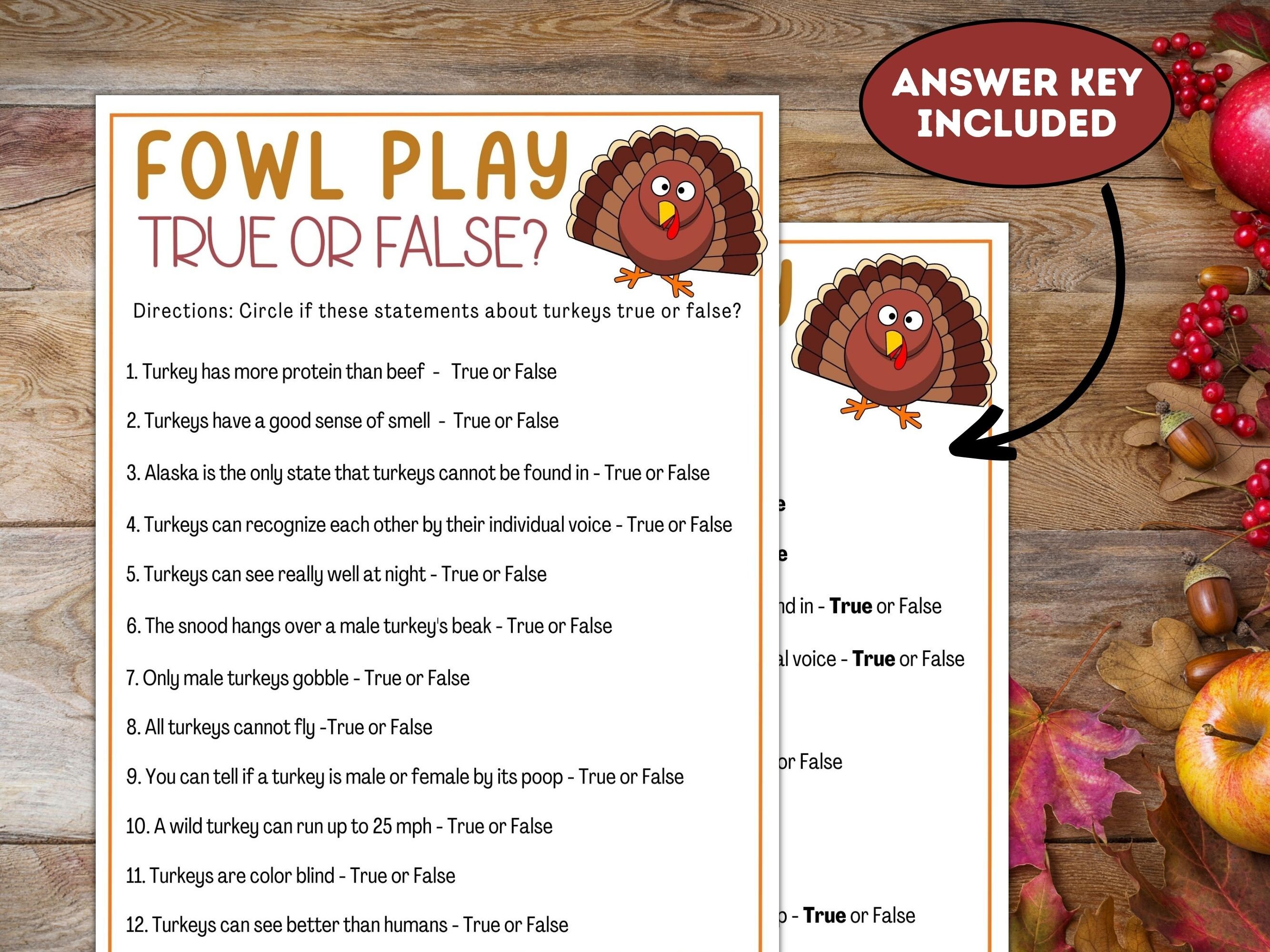 Thanksgiving Trivia Game / Thanksgiving Fowl Play Turkey Game / True or ...