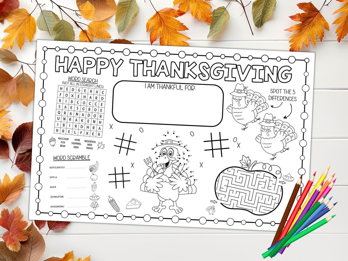 Fall Thanksgiving Placemat for Kids Table Decor Thanksgiving Coloring ...