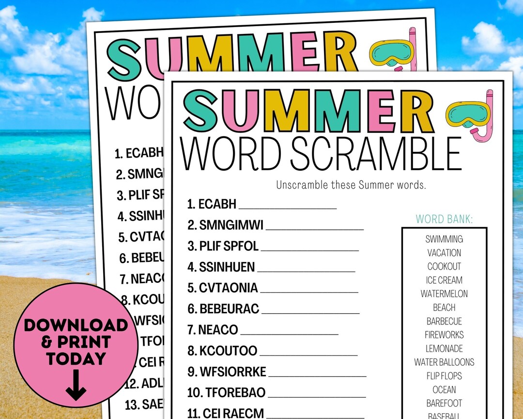 Word Scramble Summer Game / Summer Party Games / Printable Summertime ...