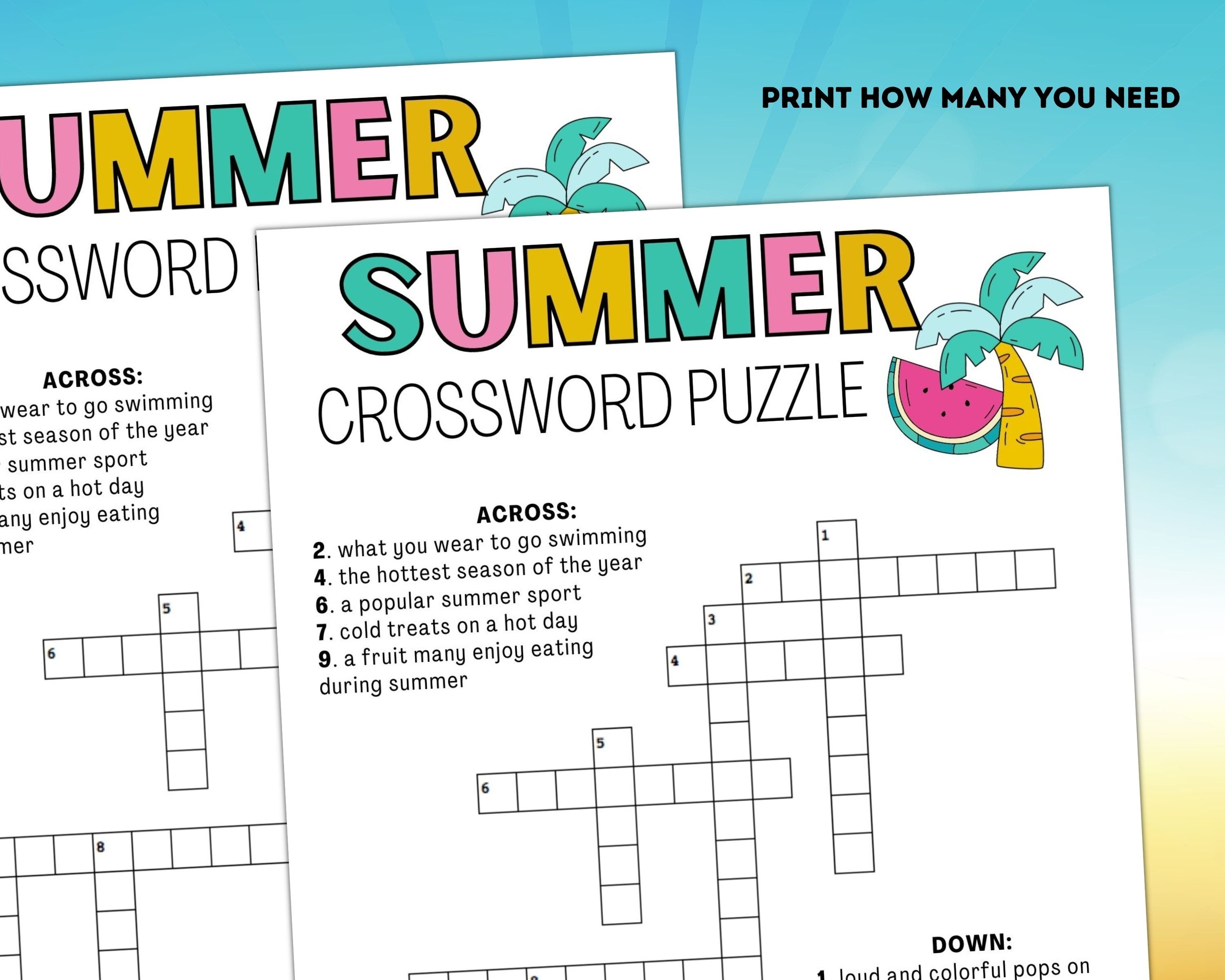 Crossword Summer Game / Summer Party Game / Printable Summertime Game ...