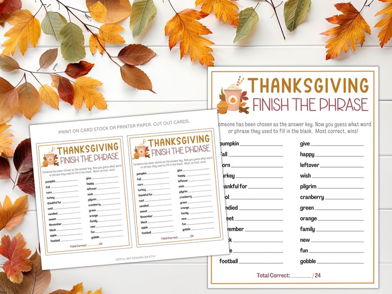 Thanksgiving Finish the Phrase / Finish the Phrase Game / Fall Holiday ...