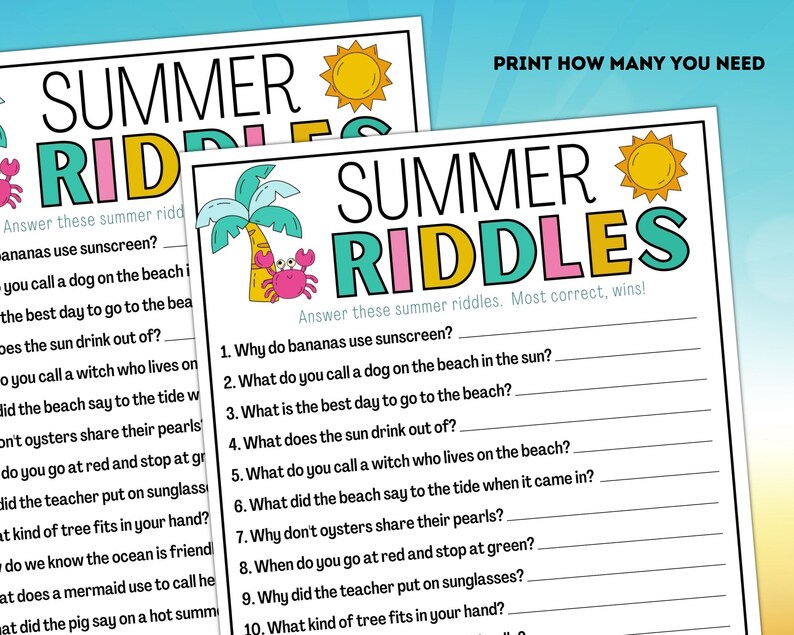 Summer Riddles Game / Summer Party Game / Printable Summertime Game ...