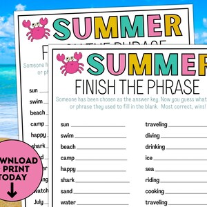 Summer Finish the Phrase / Summer Party Game / Printable Summertime ...