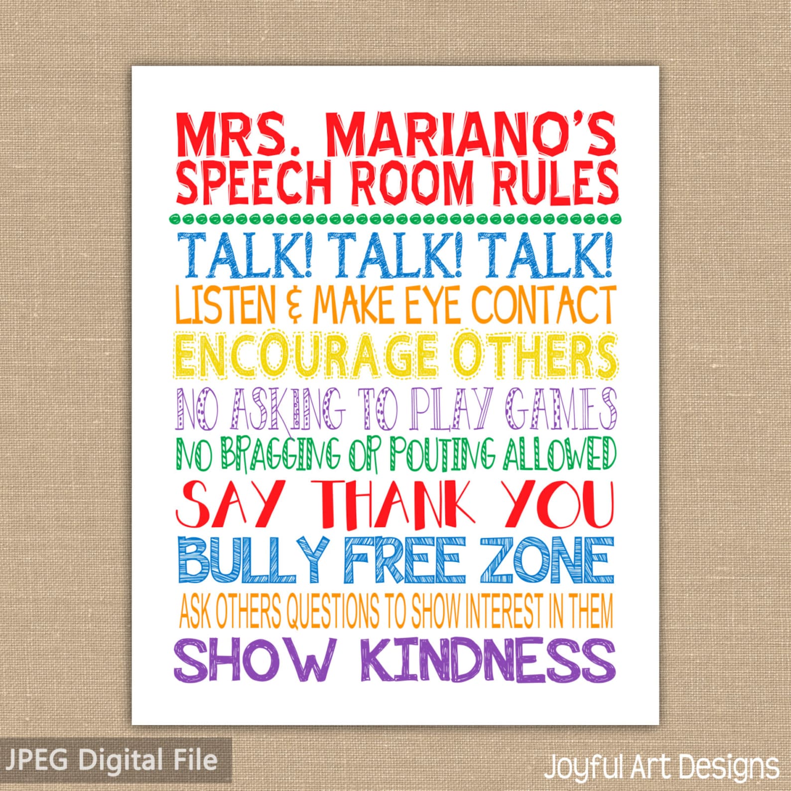 Speech Room Class Rules PRINTABLE. Classroom Sign Subway Art. - Etsy
