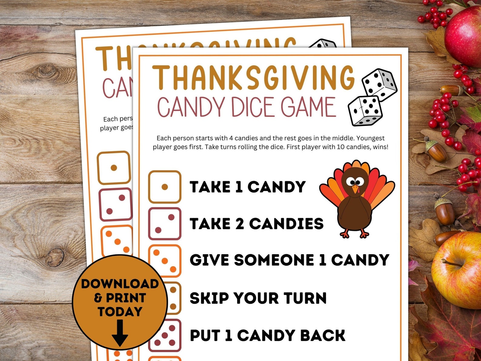 Thanksgiving Candy Dice Game / Fun Thanksgiving Games / Kids Table ...