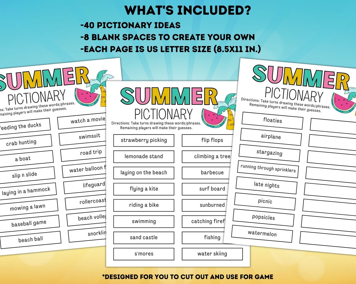 Summer Pictionary Game / Summer Party Game / Printable Summertime Game ...