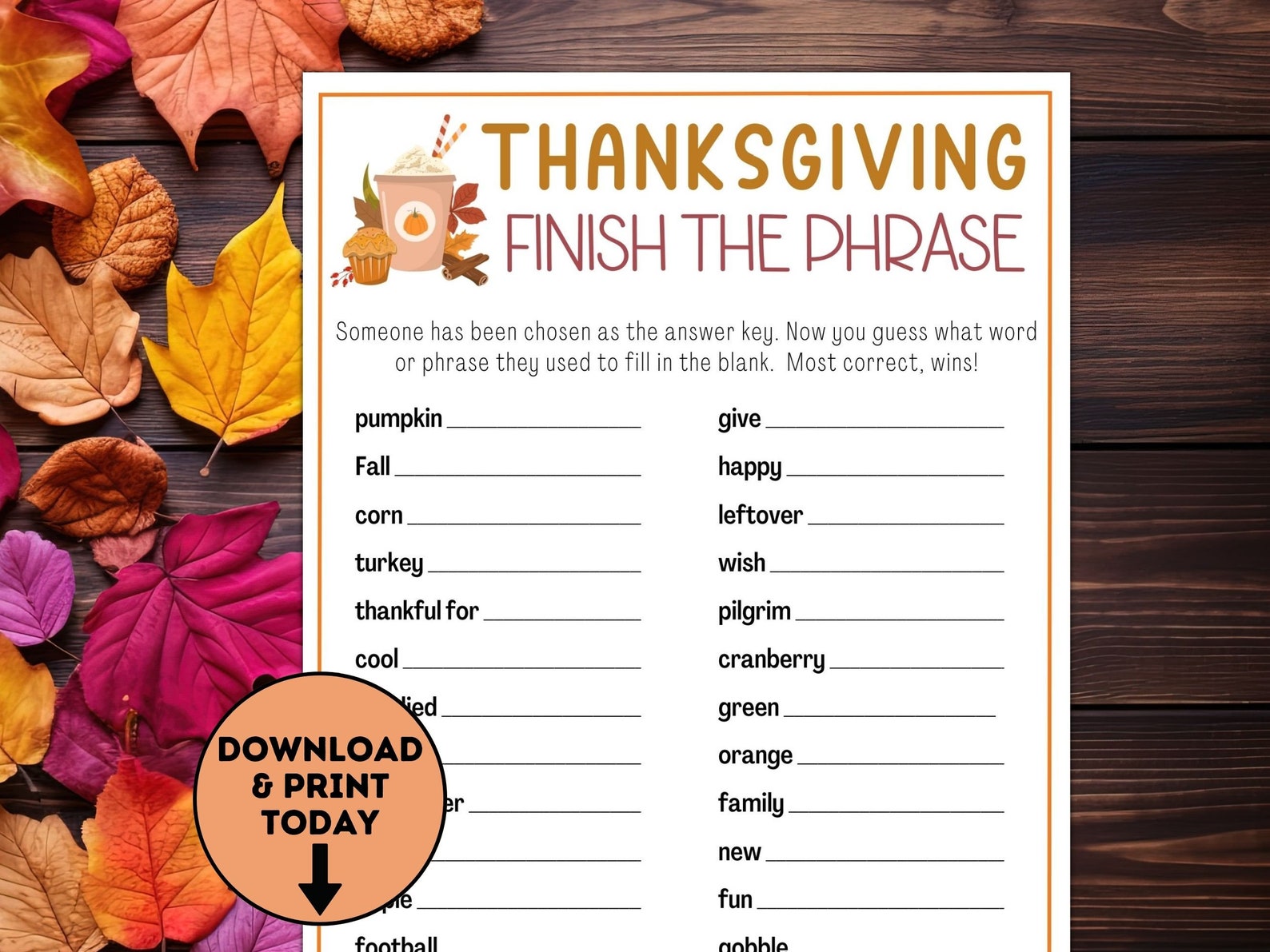 Thanksgiving Finish the Phrase / Finish the Phrase Game / Fall Holiday ...