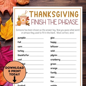 Thanksgiving Finish the Phrase / Finish the Phrase Game / Fall Holiday ...