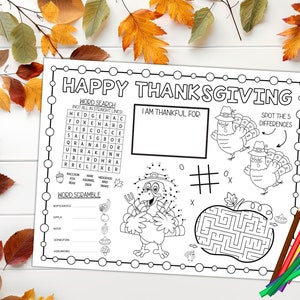 Fall Thanksgiving Placemat for Kids Table Decor Thanksgiving Coloring ...