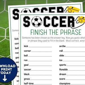 Soccer Finish the Phrase / Printable Soccer Team Party Games / Soccer ...