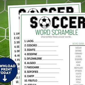 Soccer Word Scramble Game / Printable Soccer Team Party Games / Soccer ...