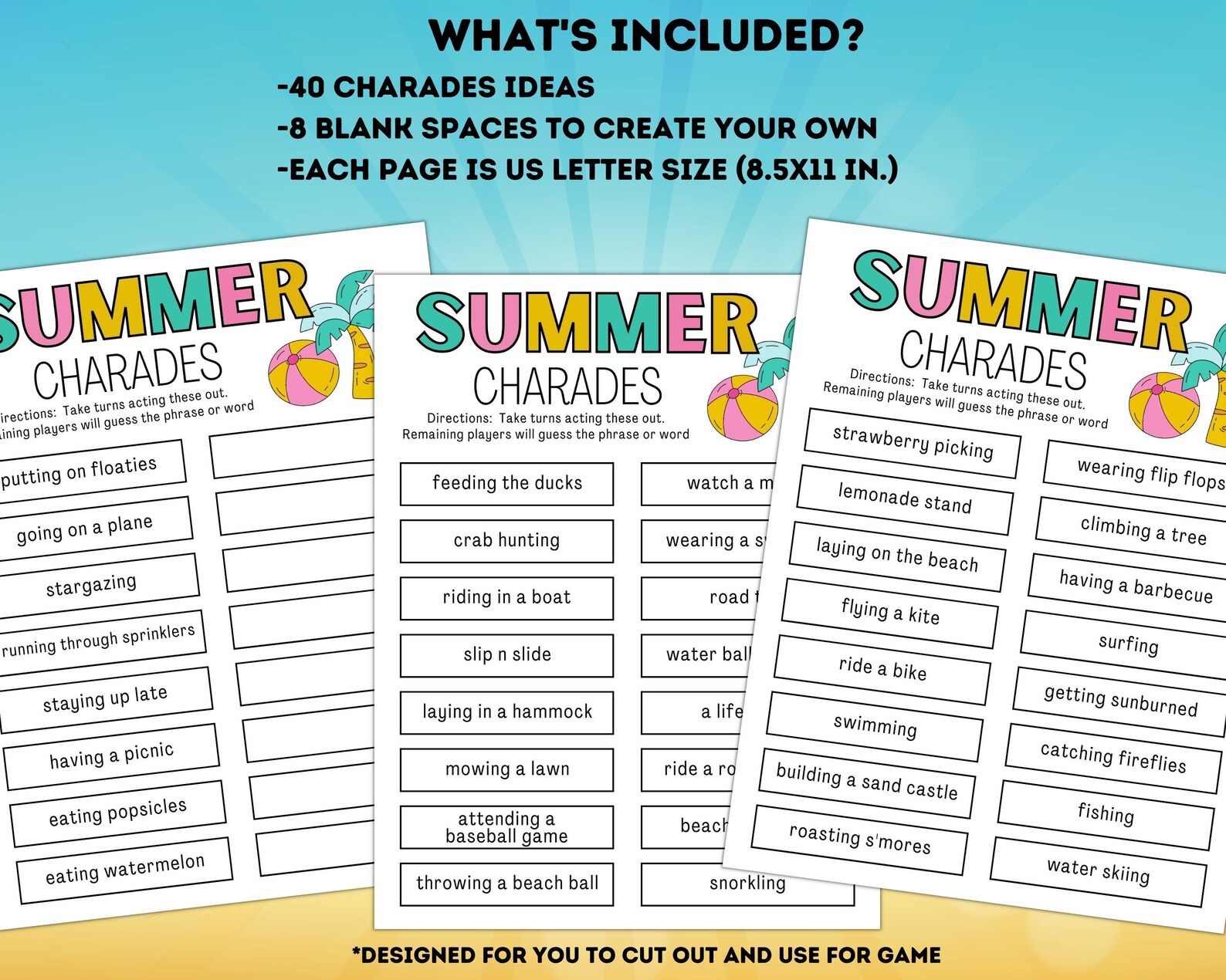 Summer Charades Game / Summer Party Game / Printable Summertime Game ...