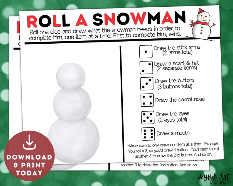 Christmas Games for Kids Roll A Snowman Dice Game Christmas - Etsy