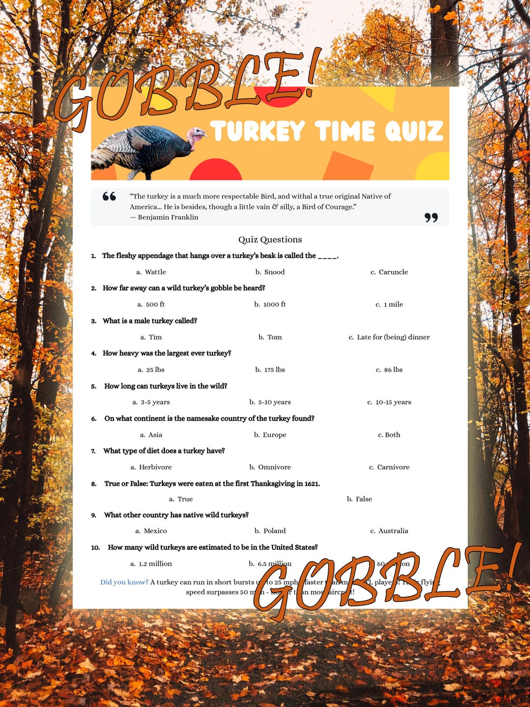Thanksgiving Turkey Time Trivia Quiz Thanksgiving Printable Game With a ...