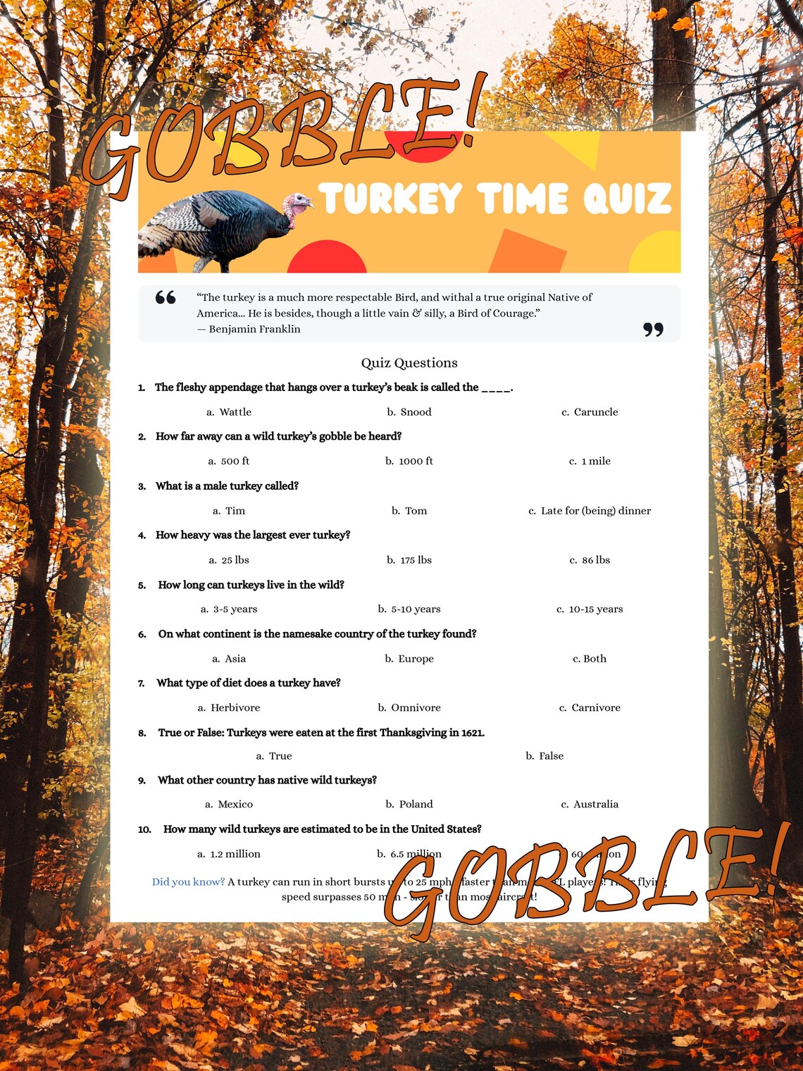Thanksgiving Turkey Time Trivia Quiz - Thanksgiving Printable Game With ...